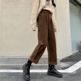 ins风女装裤子复古灯芯绒阔腿裤2021秋冬新款百搭网红卷边休闲裤-阿里巴巴