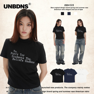 UNBDNS 美式小高领字母印花短袖T恤女夏季修身百搭显瘦内搭上衣棉-阿里巴巴