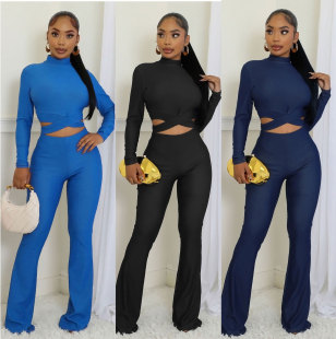 A7508 欧美长袖绷带设计上衣高腰微喇叭长裤弹力裤套装-阿里巴巴