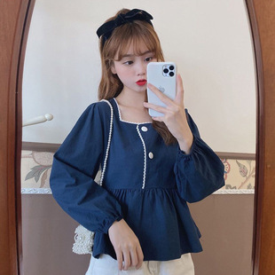 复古长袖衬衫女宽松春秋新款韩版花边方领娃娃衫百搭设计感上衣-阿里巴巴