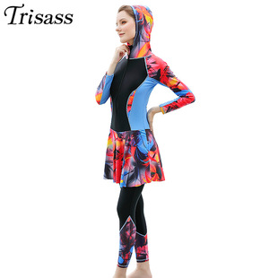 Trisass 2023年新款连体裙式女泳衣防晒遮肚加肥大码带帽长袖长裤-阿里巴巴