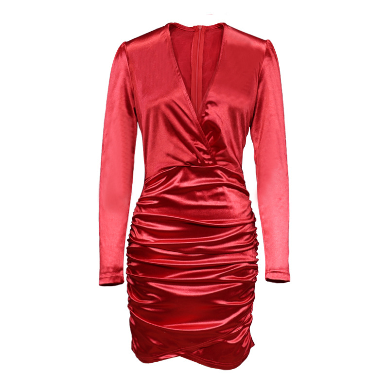 Fashion Deep V Neck Pleated Slim Fit Long Sleeve Satin Dress Wholesale