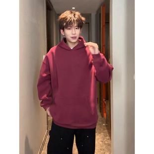500g重磅酒红色卫衣男款春秋硬挺连帽衫潮牌内搭美式oversize外套-阿里巴巴