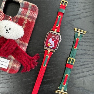 适用apple watchT字镂空圣诞新年色皮质表带S7/9/8se/6/543代表带-阿里巴巴