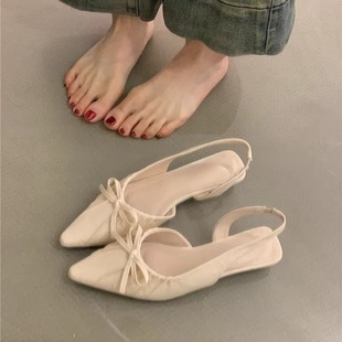 法式小众包头凉鞋2025年春季气质优雅蝴蝶结方头浅口坡跟高跟鞋-阿里巴巴