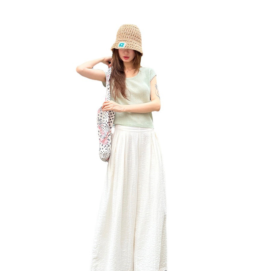 [DIGM] Simple Joker Solid Color Hemp High Waist Straight Leg Pants Wide ...