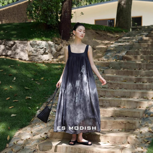 ES MODISH 夏季新品度假风复古水墨印花方领吊带连衣裙田园风长裙-阿里巴巴