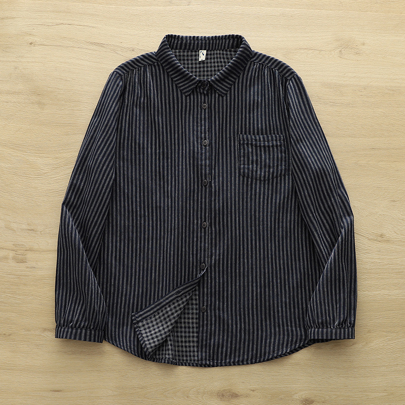 2025夏季新款 条纹 宽松女士开衫 长袖衬衫双层纱上衣批发潮-阿里巴巴