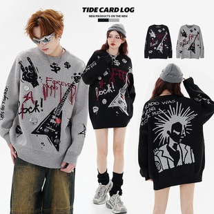 TIDE CARD LOG|秋冬新款高街朋克印花金属徽章宽松百搭情侣款毛衣-阿里巴巴