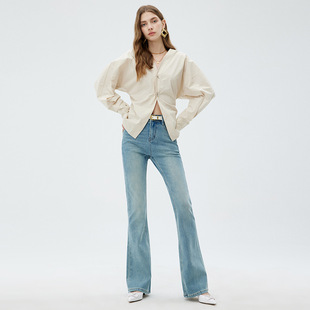 ii Morii超模风显瘦显高 水洗蓝高腰微喇棉感牛仔裤-阿里巴巴