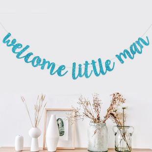 BABY SHOWER派对装饰横幅蓝色welcome little man闪粉拉旗-阿里巴巴