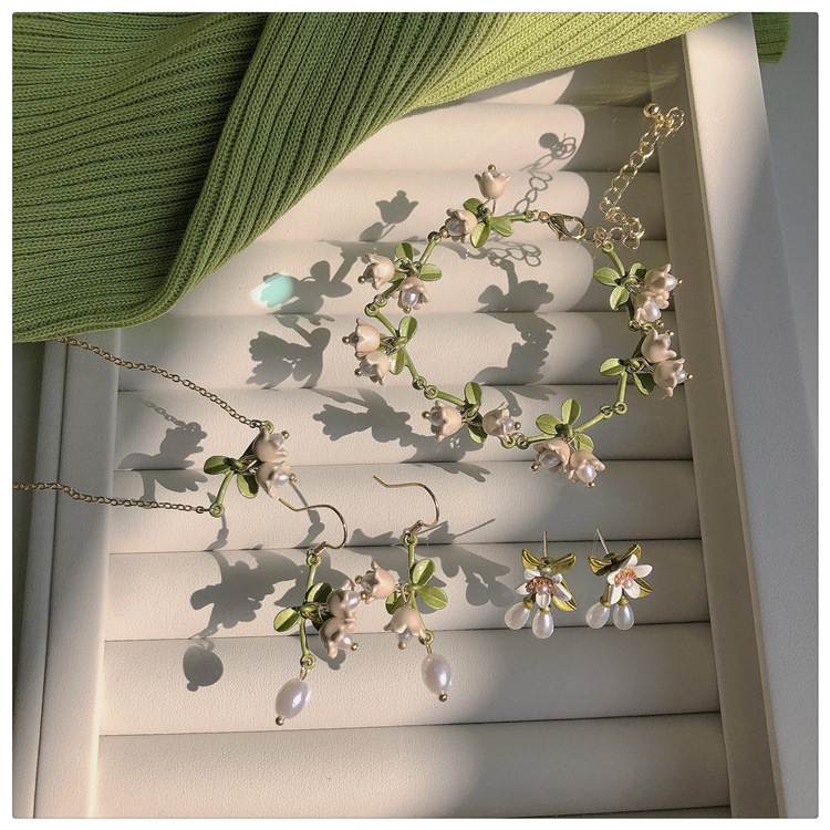 银针珍珠花朵叶子系列饰品田园风设计感个性可爱少女耳环超仙耳饰-阿里巴巴