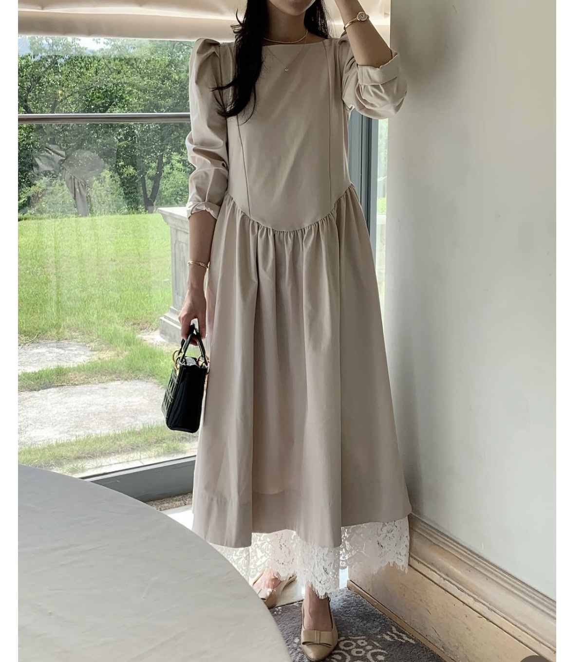 韩系优雅气质花边拼接收腰显瘦连衣裙女春季流行单品设计感长裙子-阿里巴巴