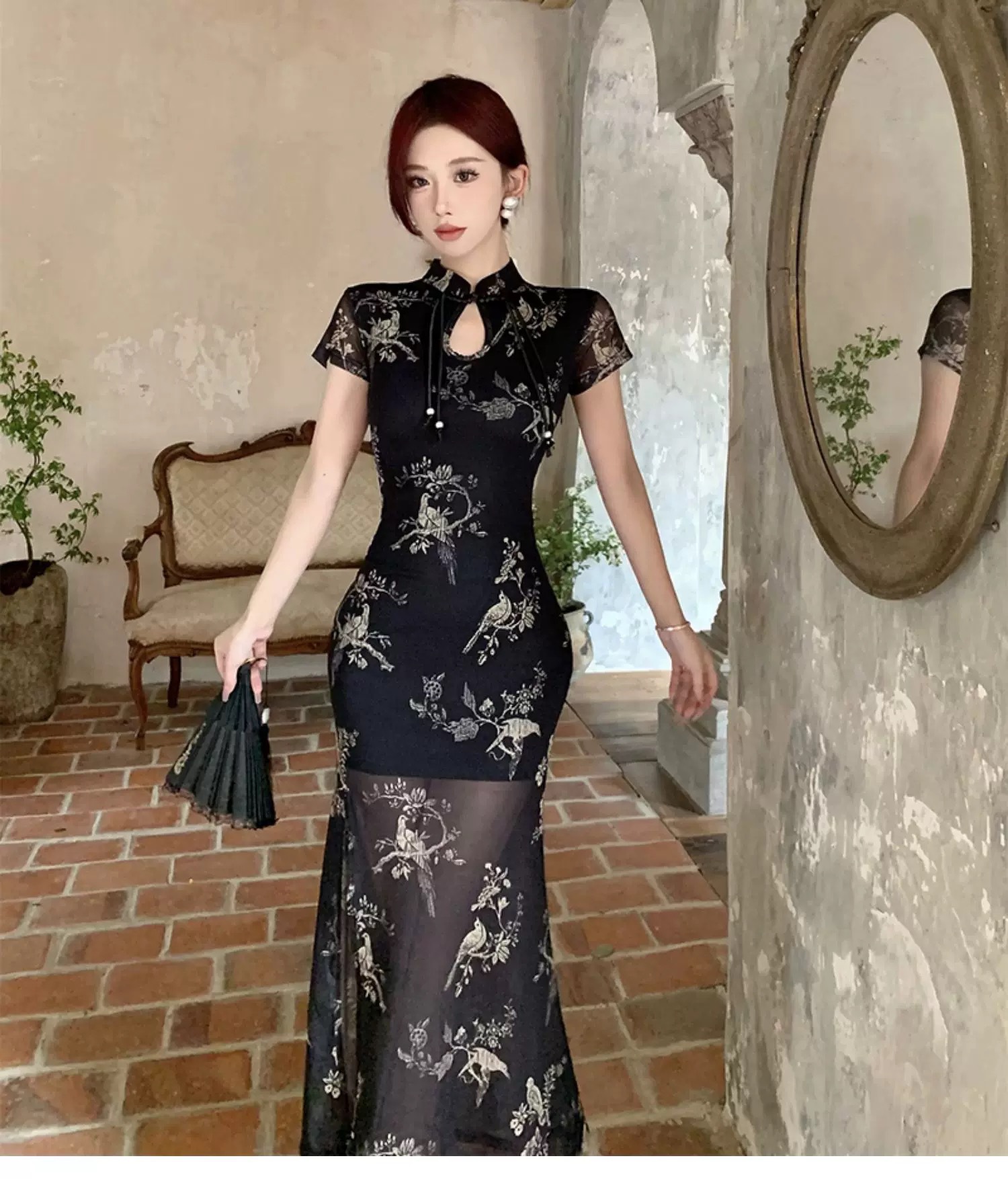 新中式国风改良旗袍连衣裙女装夏季黑色网纱印花紧身包臀长款裙子-阿里巴巴