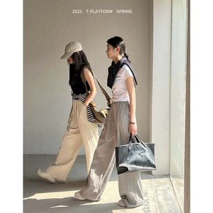 T-PLATFORM广州十三行 2025夏季穿搭休闲裤女高腰无弹阔腿裤15503-阿里巴巴
