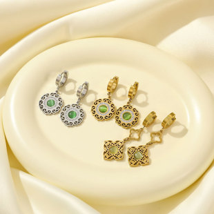 LOFTILY欧美爆款宫廷风复古气质耳饰百搭圆形花纹耳环钛钢材质-阿里巴巴