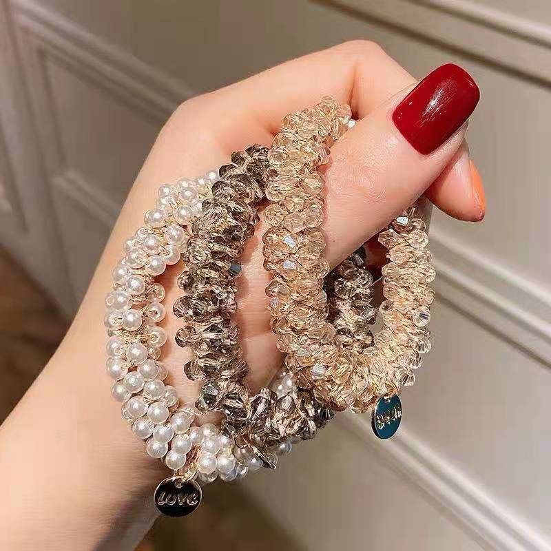 2pcs Pearl crystals hair rope crystal hair ring rhinestone tie ponytail ...