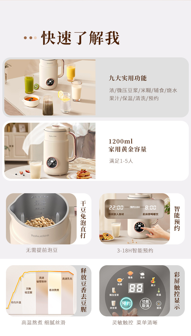 美国Yokudos新款1.2L家用破壁豆浆机小型迷你全自动免过滤多功能-阿里巴巴