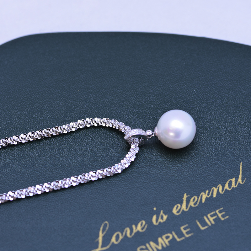 淡水13-14mm白色正圆强光细微瑕大珍珠吊坠S925银色万能扣星光链-阿里巴巴