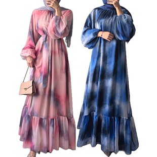 M4059女士休闲时尚中东雪纺圆领扎染含腰带长款气质优雅连衣裙-阿里巴巴