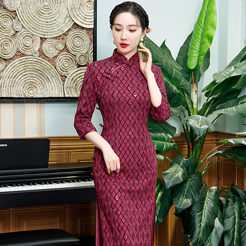 Wine red chinese dresses for women oriental qipao dress Sexy Retro Slit ...