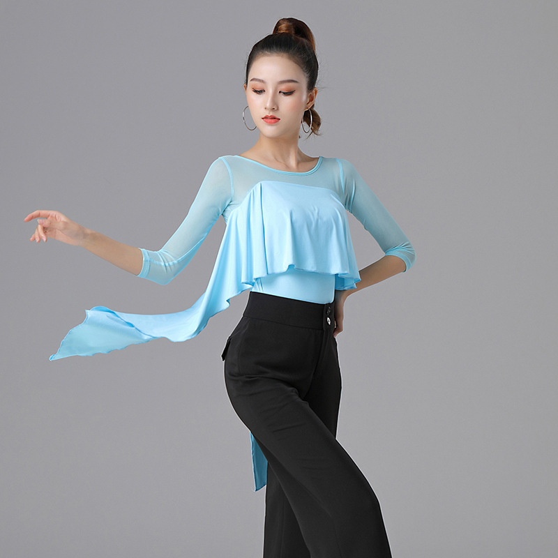 Light blue black ballroom latin dance tops for women modern tuxedo long ...