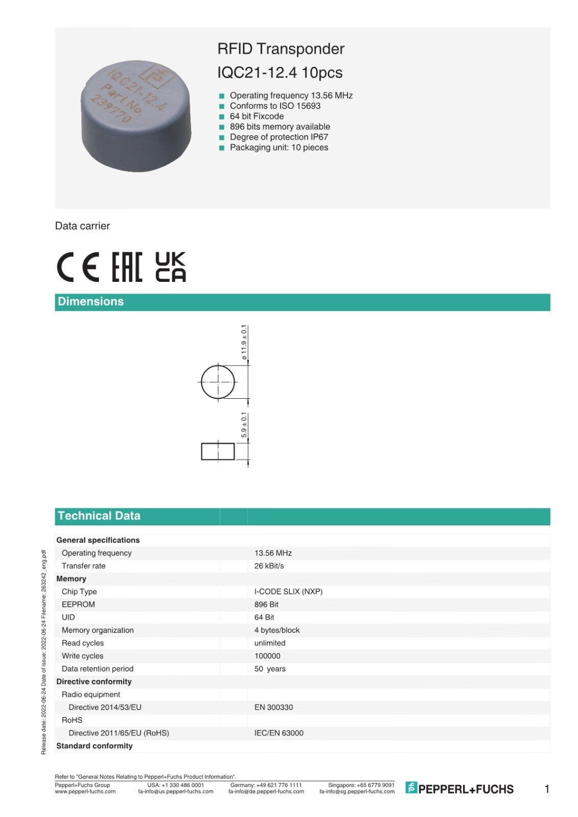 (263242)IQC21-12.4 10pcs倍加福RFID射频识别数据存储卡10片-阿里巴巴