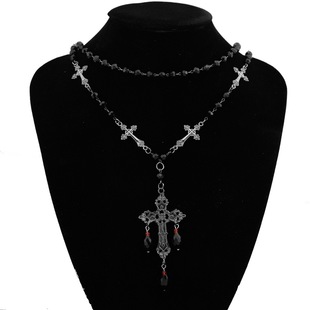 哥特风黑色十字架串珠项链女长款毛衣链小众独特高级感卫衣链配饰-阿里巴巴