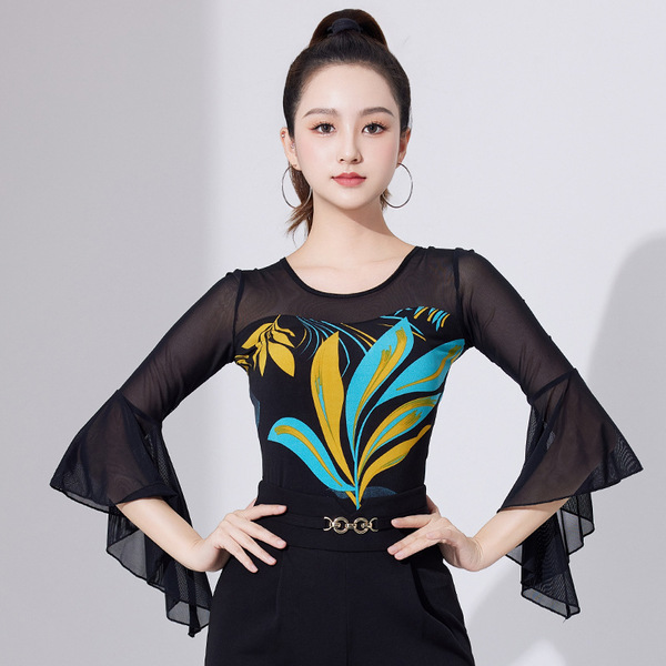 Flower printed Modern ballroom latin dance top women's Waltz tango ...