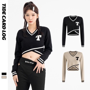 TIDE CARD LOG女装|2022秋冬新品街头风辣妹露肚脐V领短款毛衣女-阿里巴巴