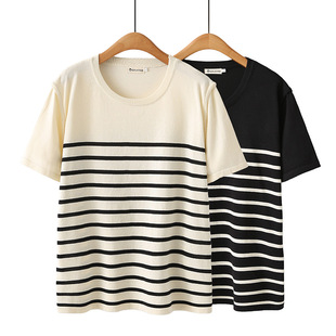 大码女装韩版袖子拼接假两件冰丝条纹T恤夏季休闲圆领上衣999312-阿里巴巴