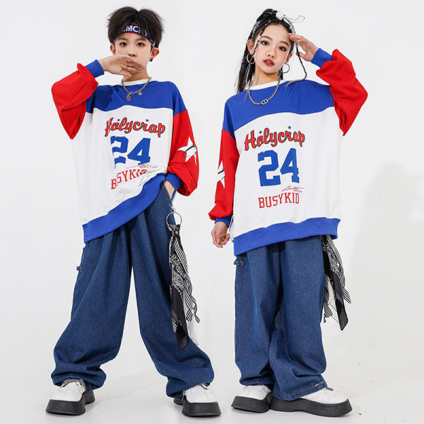 Girls Boys blue red Hip hop dance costumes street rapper singers gogo ...