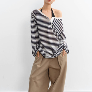 25SS 60天丝莱赛尔设计感条纹宽松落肩长袖T恤女上衣-阿里巴巴