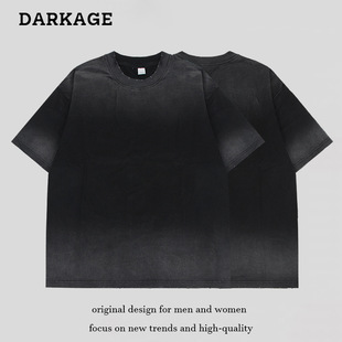 280g渐变纯色洗水做旧重磅T恤男女潮牌街头宽松oversize纯棉短袖-阿里巴巴