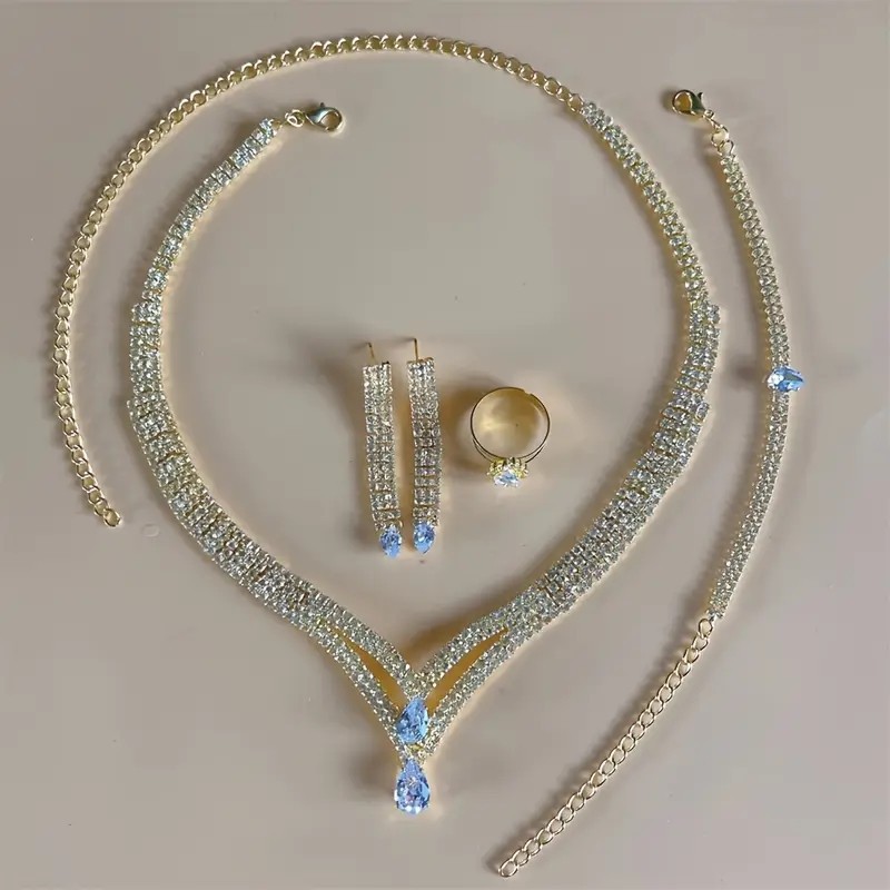 新娘婚礼首饰珠宝时尚简约水钻耳环项链戒指手链四件套链配饰批发-阿里巴巴