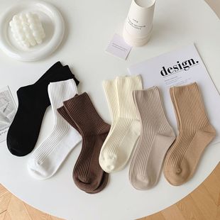 袜子女春秋纯色中筒棉袜 日系学院风双针竖条纹ins潮咖色系堆堆袜-阿里巴巴