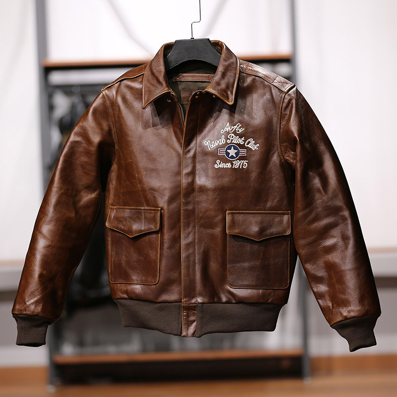 AVFLY翅膀刺绣A2真皮飞行服夹克 男头层油蜡牛皮皮衣男装-阿里巴巴