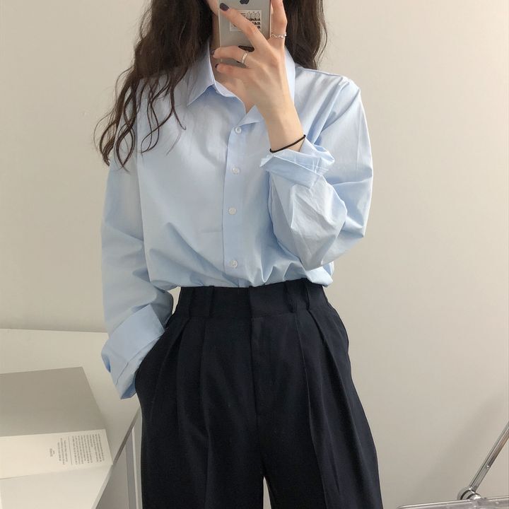 现货春秋新款纯色韩版长袖衬衫女设计感小众百搭休闲衬衣外套-阿里巴巴