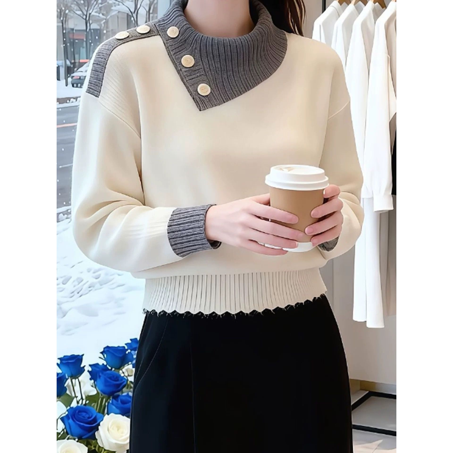 2025秋冬新款法式气质时尚轻熟风翻领针织衫女装休闲百搭毛衣上衣-阿里巴巴