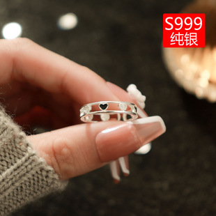 S999纯银足银戒指韩国镂空爱心女锆石开口可调节指环INS时尚食指-阿里巴巴