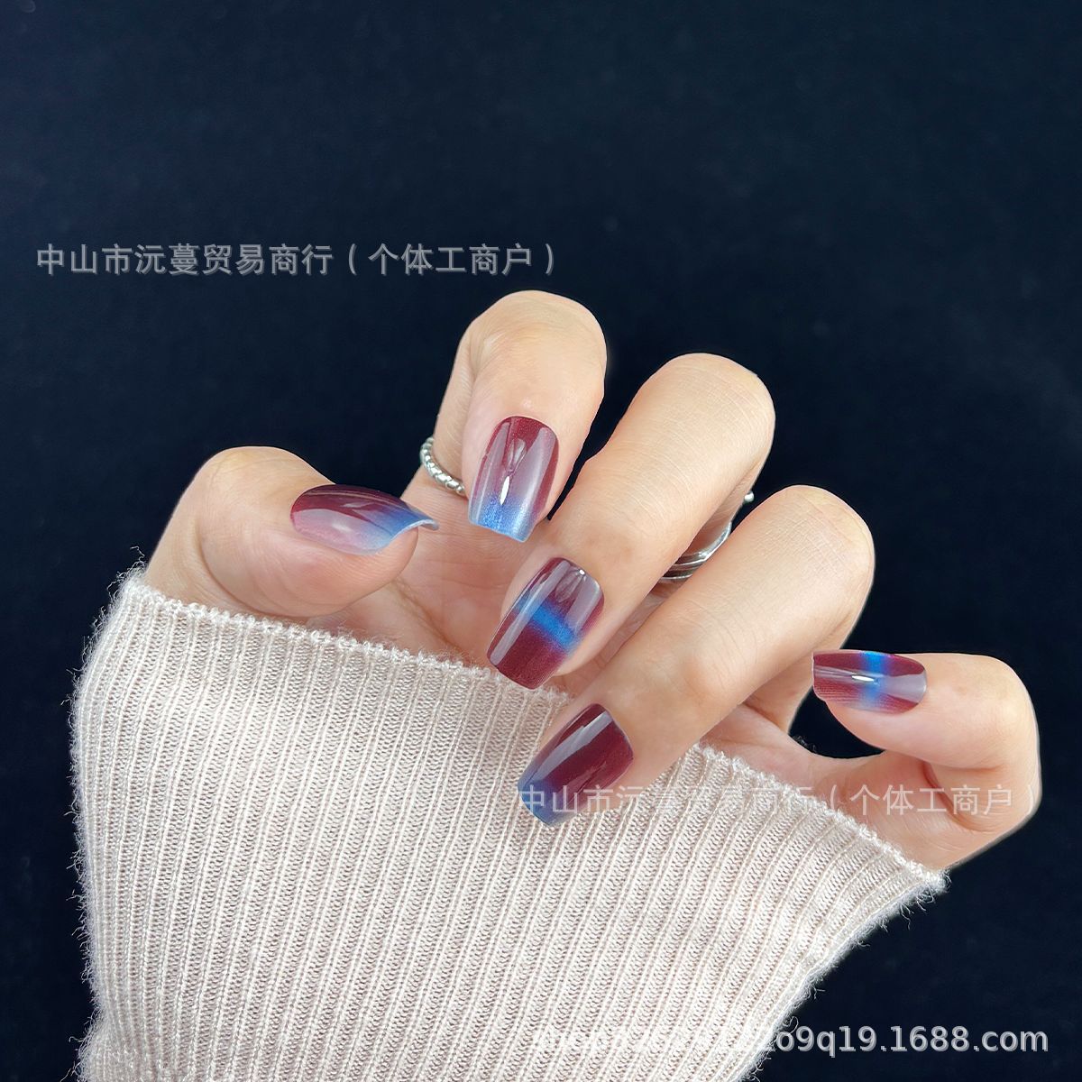 网红秋冬新款穿戴甲蓝棕撞色蓝猫眼穿戴甲片高级显白焦糖色系显白-阿里巴巴