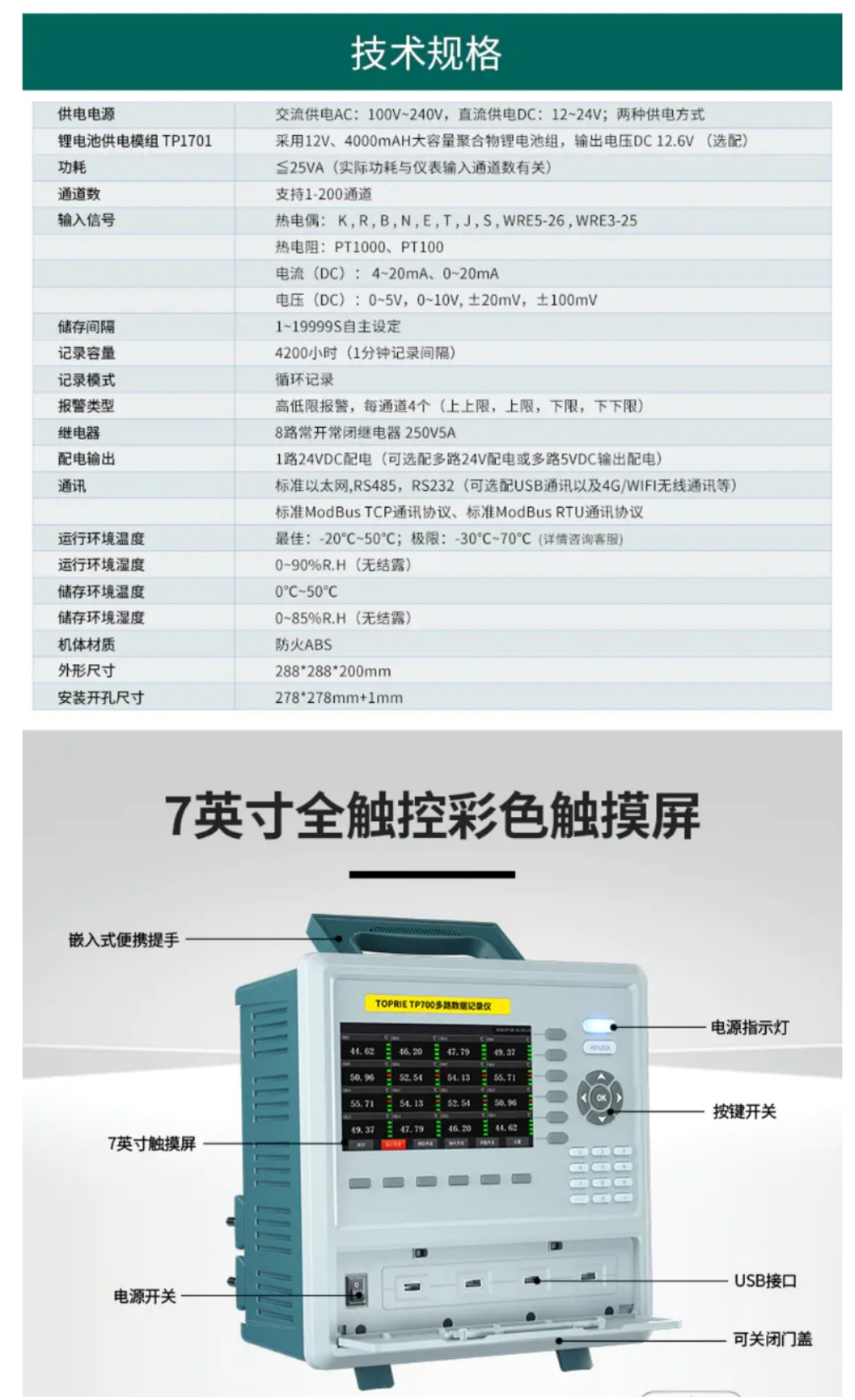 拓普瑞数据记录仪TP700-8 多通道测温仪 64道触摸屏 温度记录仪-阿里巴巴
