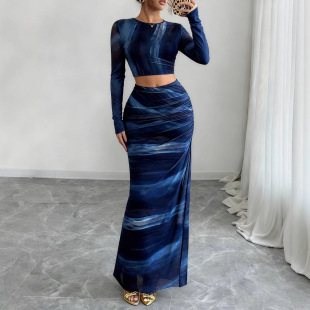 2025欧美跨境新款女士褶皱网纱半身裙圆领长袖上衣时尚休闲修身-阿里巴巴