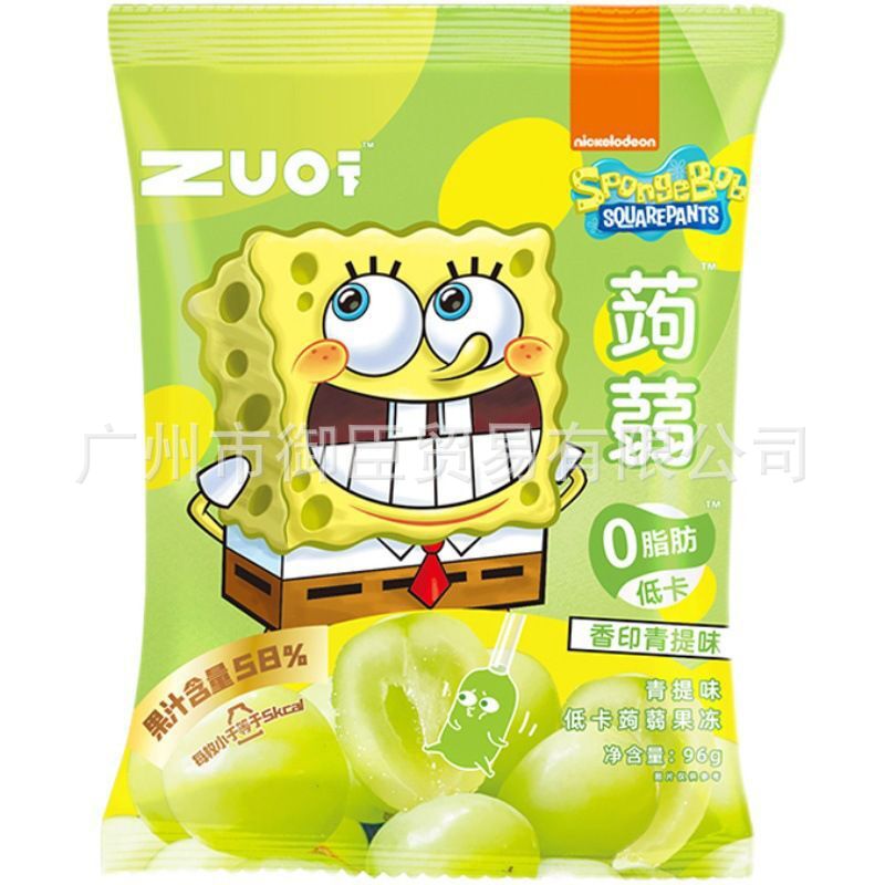 zuo一下果冻海绵宝宝联名蒟蒻食品可吸青提草莓味果汁果冻96g-阿里巴巴