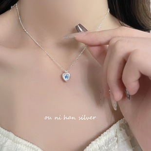 欧尼 韩国S925纯银爱心条纹海蓝锆项链女ins小众高级感心形锁骨链-阿里巴巴