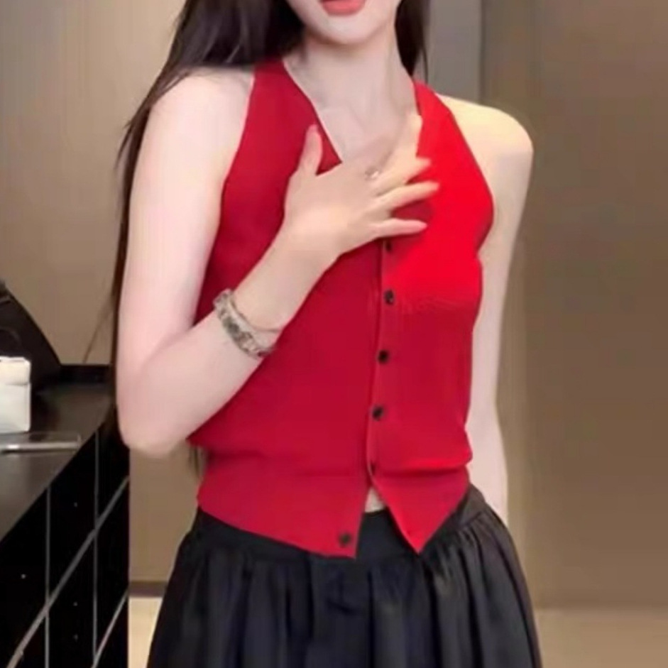 High-end Vest Women's 2024 Summer New V-neck Slim-fit Short Hanging ...