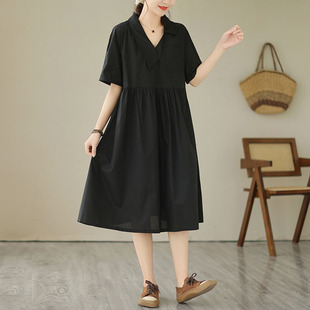 2023夏季新品大码女装韩版文艺宽松显瘦V领中长款连衣裙IF8658-阿里巴巴