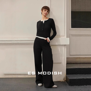 ES MODISH春季新品小众设计假两件拼色长袖T恤圆领单排扣装饰上衣-阿里巴巴