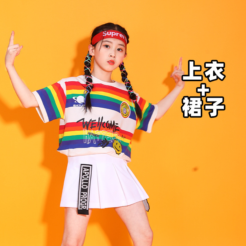 Girls kids children hiphop jazz street dance costumes rainbow striped ...