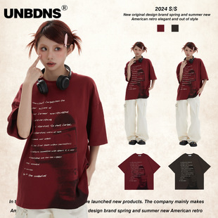 UNBDNS 潮牌字母人影印花短袖T恤男女款美式复古宽松休闲情侣半袖-阿里巴巴